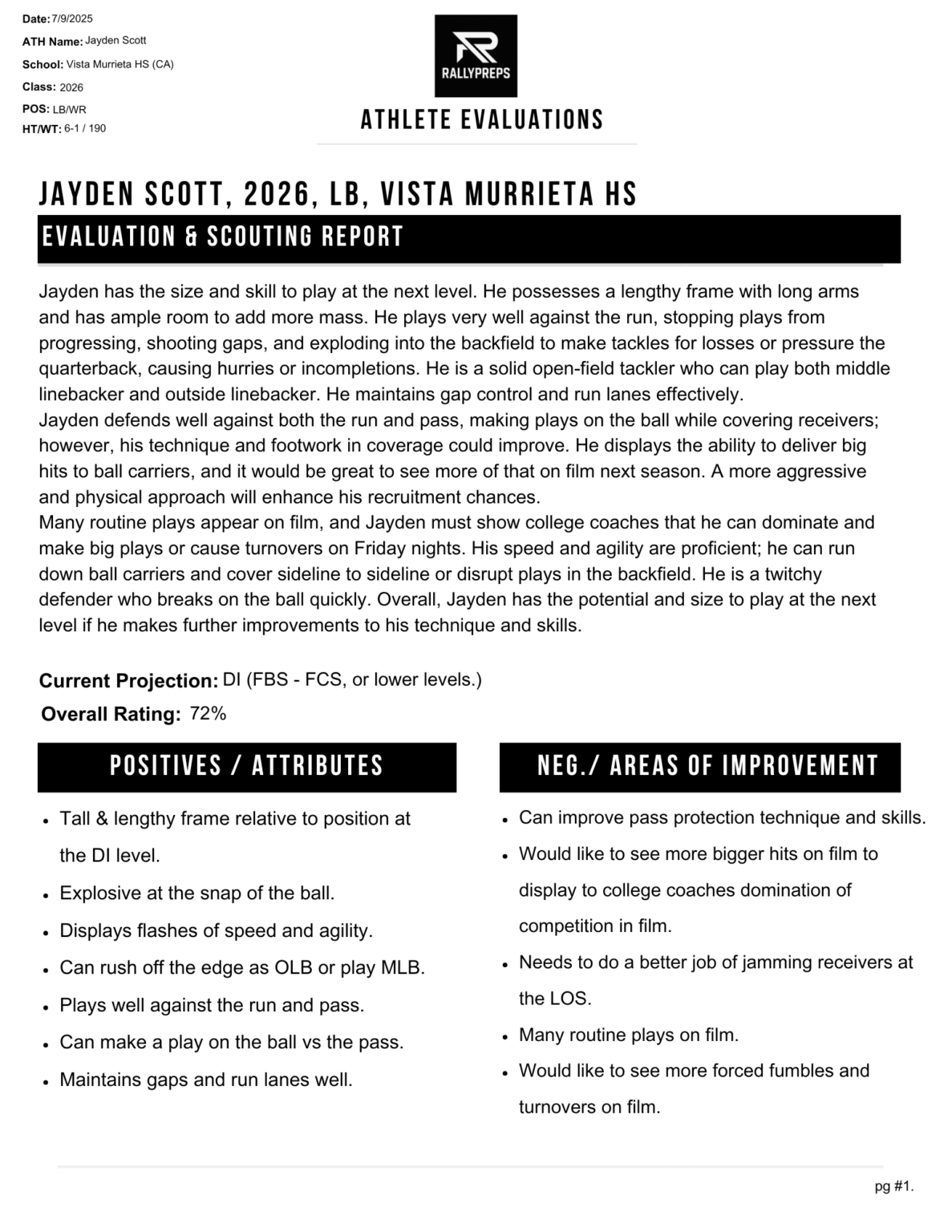 Jayden Scott, 2026, LB, Vista Murrieta HS, Profile, Evaluation - RallyPreps